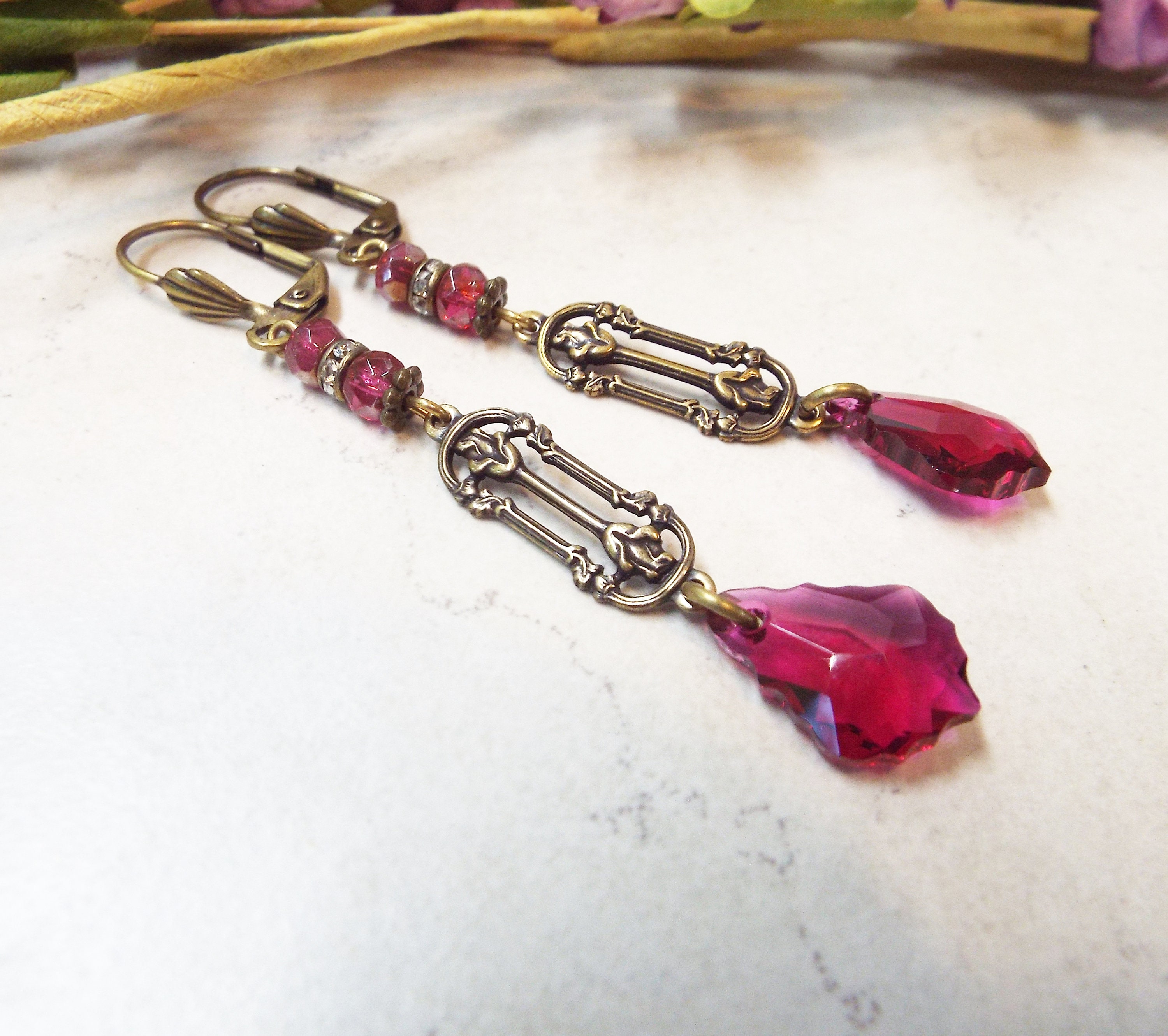 Art Deco Rose Ruby Pink Baroque Swarovski Earrings Antique Gold Shell ...