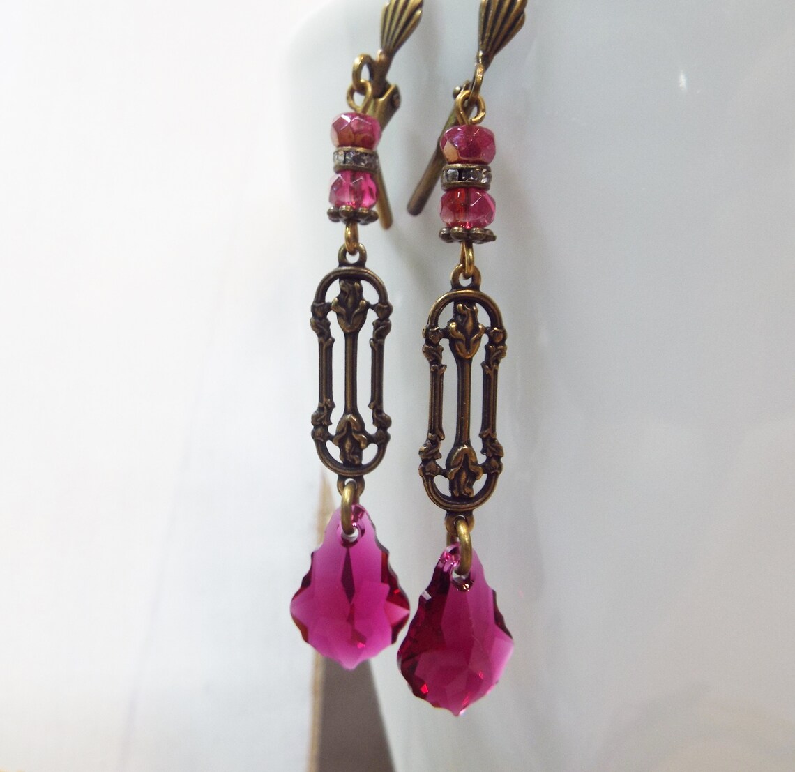 Art Deco Rose Ruby Pink Baroque Swarovski Earrings Antique Gold Shell ...