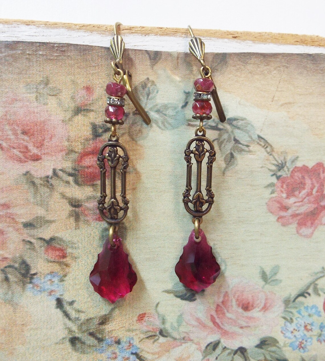 Art Deco Rose Ruby Pink Baroque Swarovski Earrings Antique Gold Shell ...