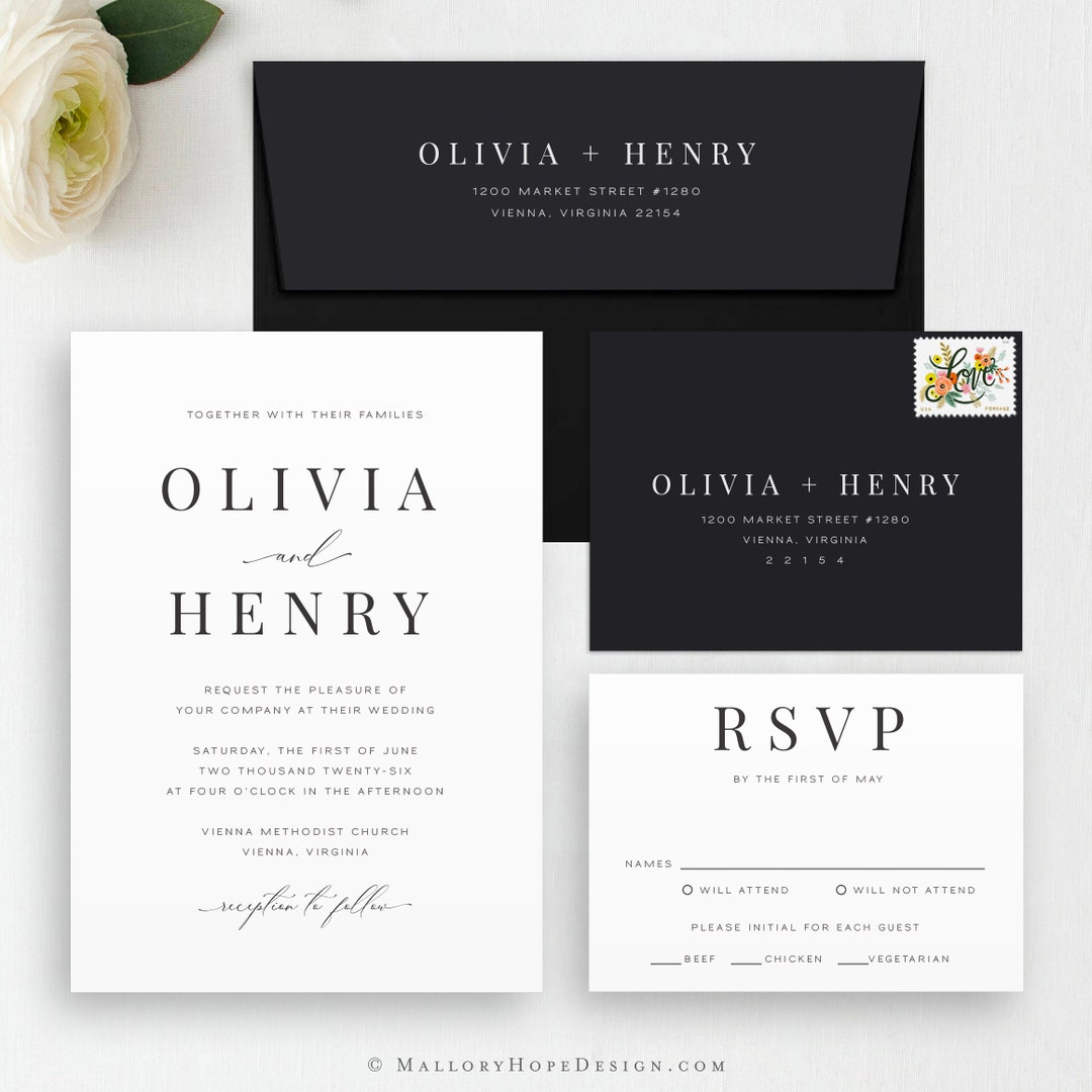 Minimalist Wedding Invitation & RSVP Set: Black Envelope, Printed Suite ...