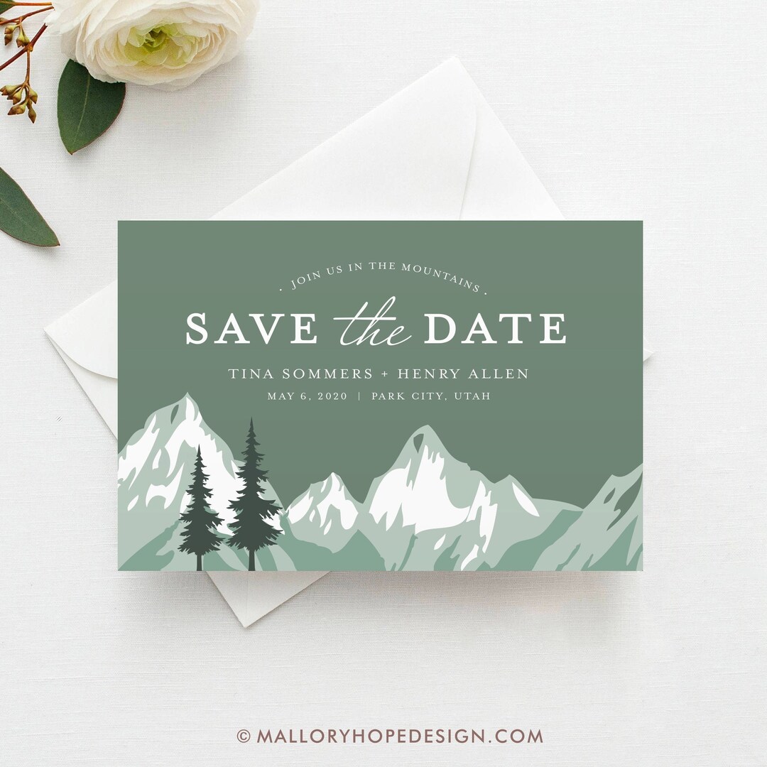 Printed Mountain Save the Date Postcard, Magnet, Rustic Save the Date ...