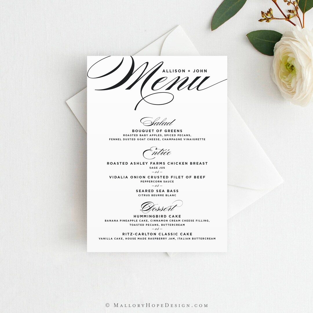 Elegant Wedding Menu Template, Modern Wedding Menu, Minimalist ...