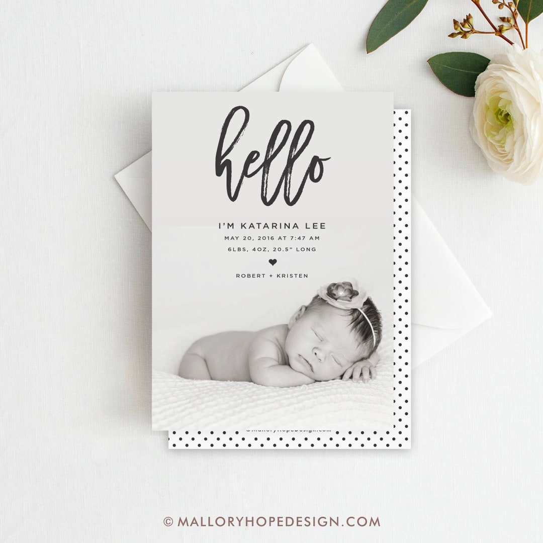 Hi or Hello Photo Birth Announcement, Minimal Birth Announcement, Boy ...