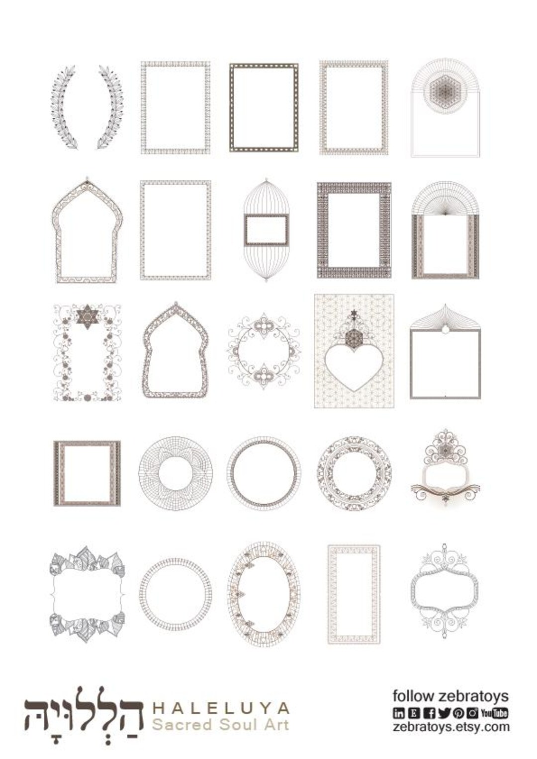 Set of 25 Blank Printable Frames to Color-illustrated Coloring Frame ...