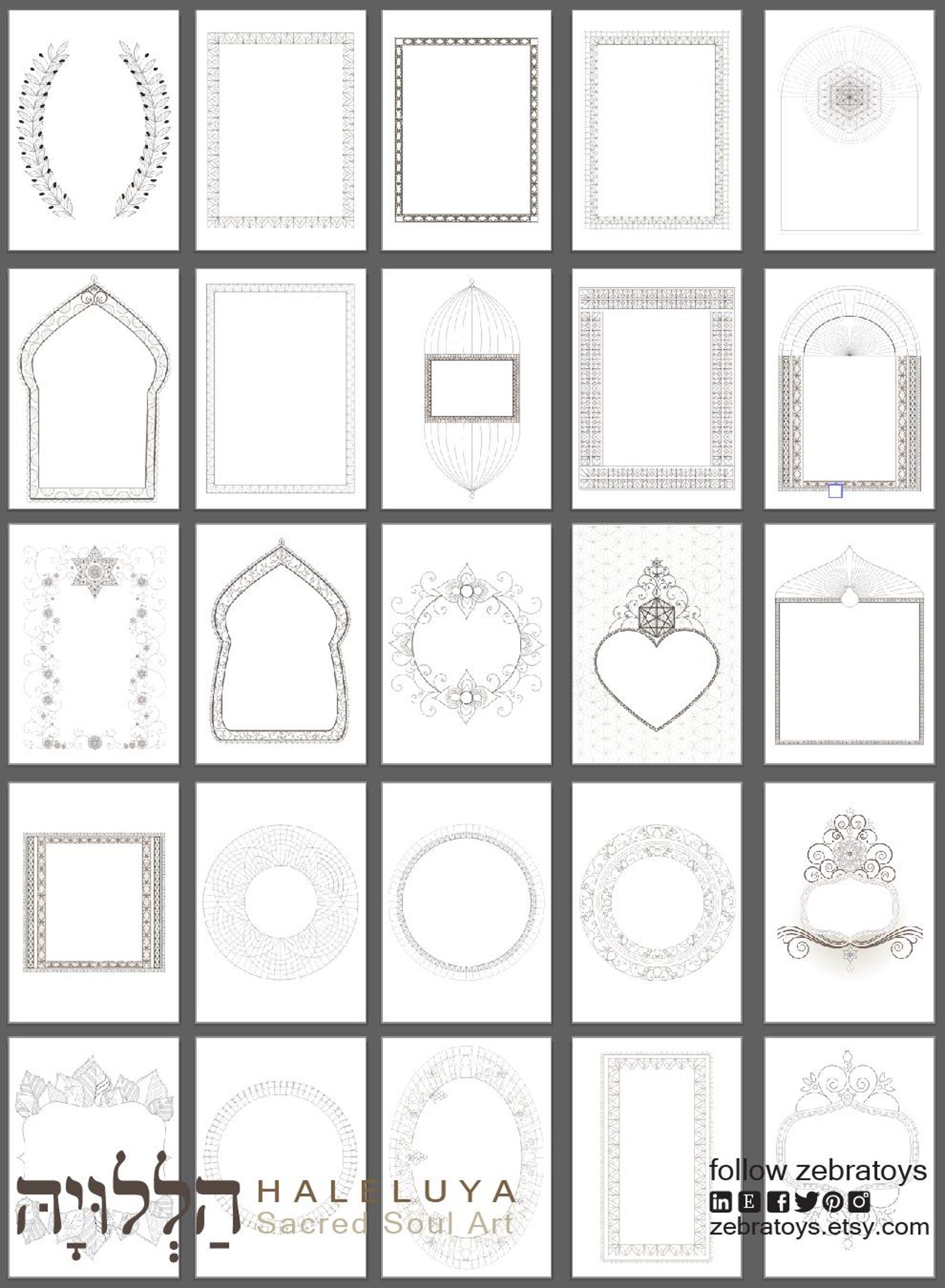 Set of 25 Blank Printable Frames to Color-illustrated Coloring Frame ...