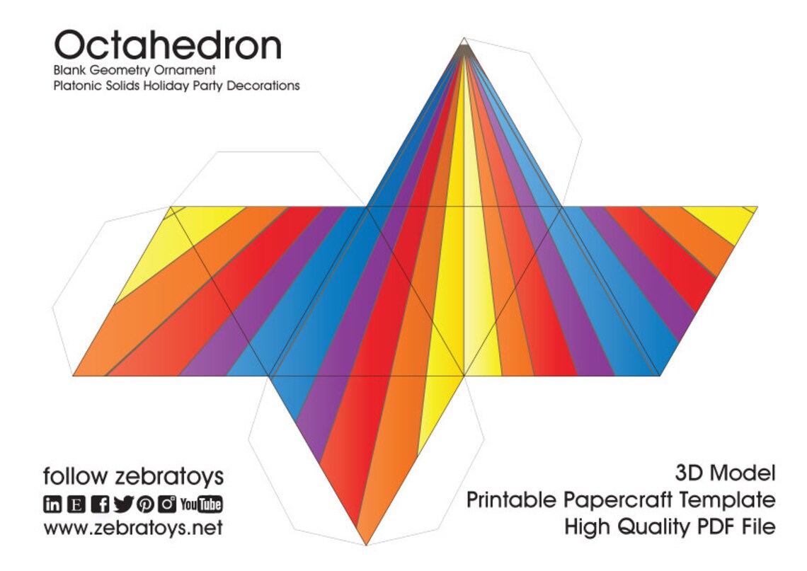 Octahedron-3d Papercraft Template-pdf-platonic Solids-rainbow Colors ...