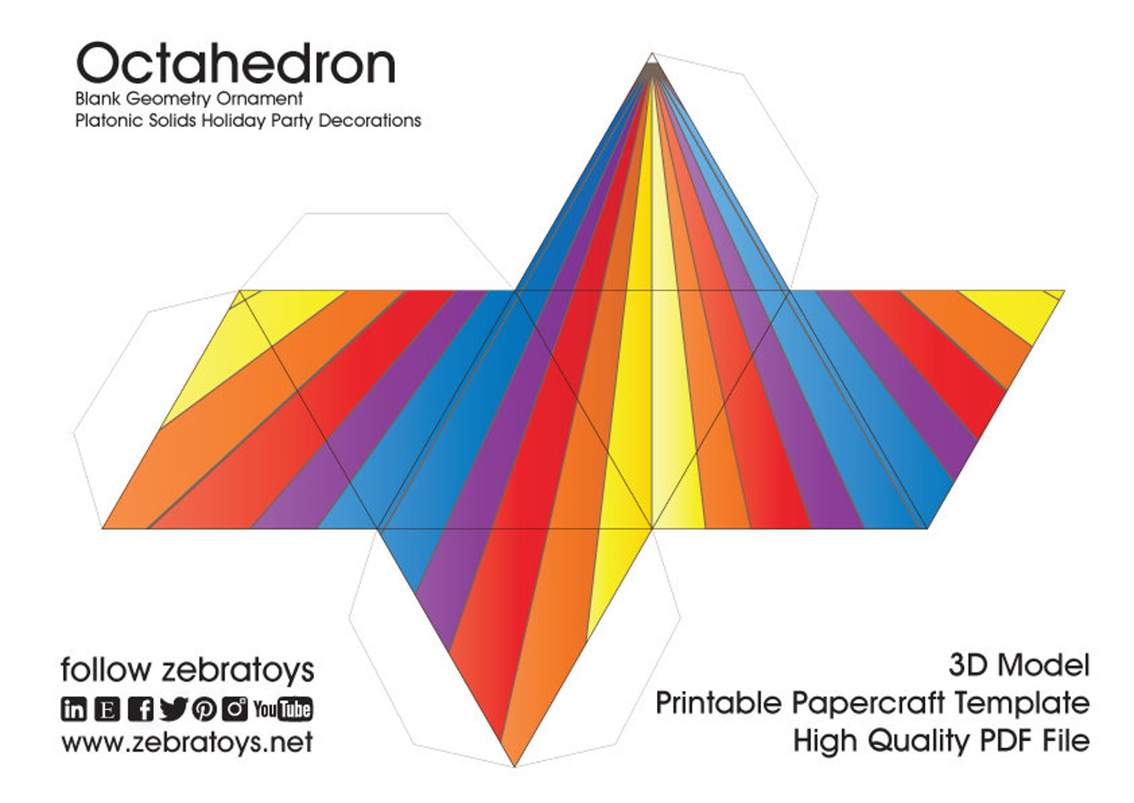 Octahedron-3d Papercraft Template-pdf-platonic Solids-rainbow Colors ...