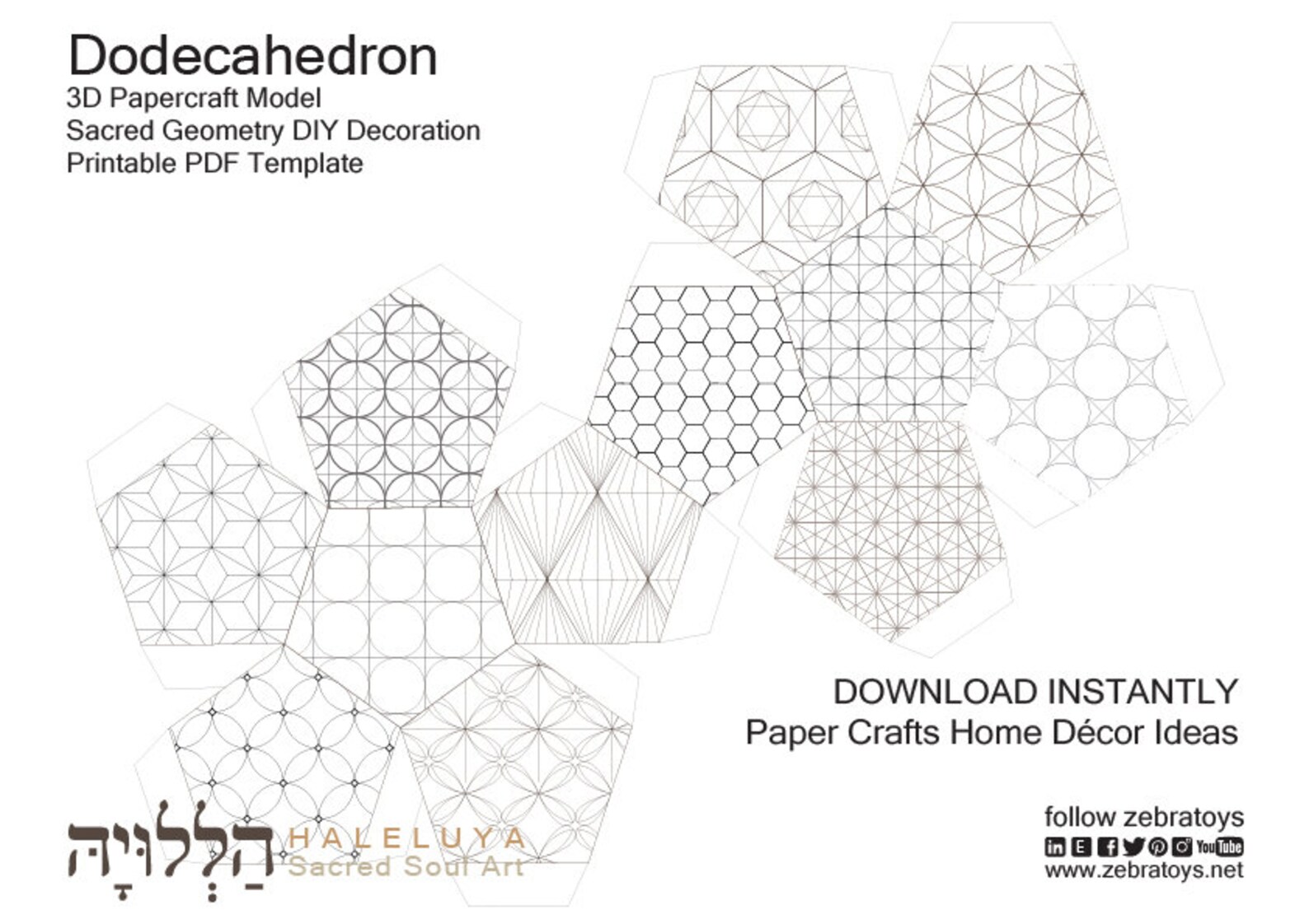 Dodecahedron 3D Papercraft Model Coloring Template-home Décor Ideas ...
