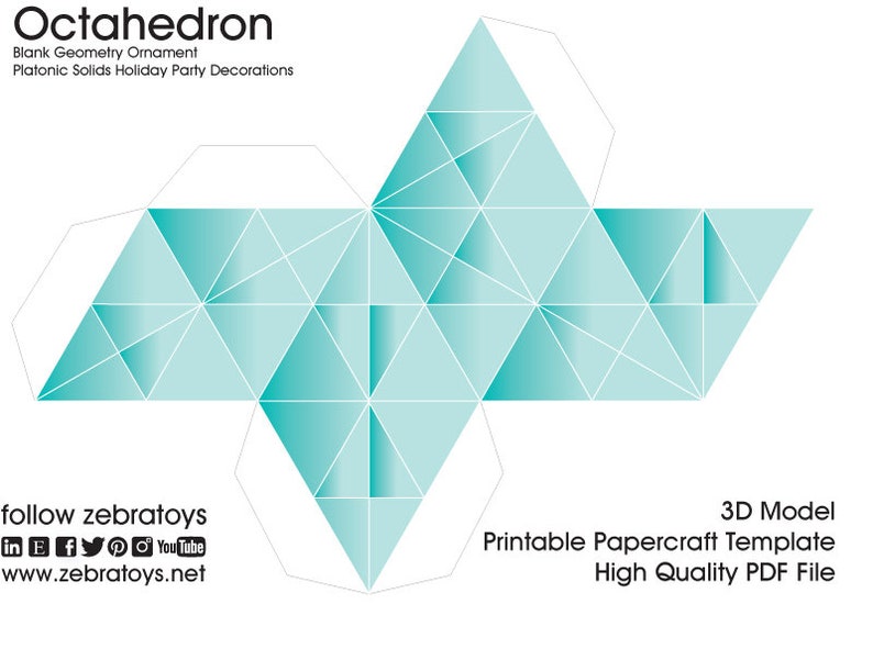 Octahedron 3D Papercraft Template Pdf-platonic Solids-turquoise ...