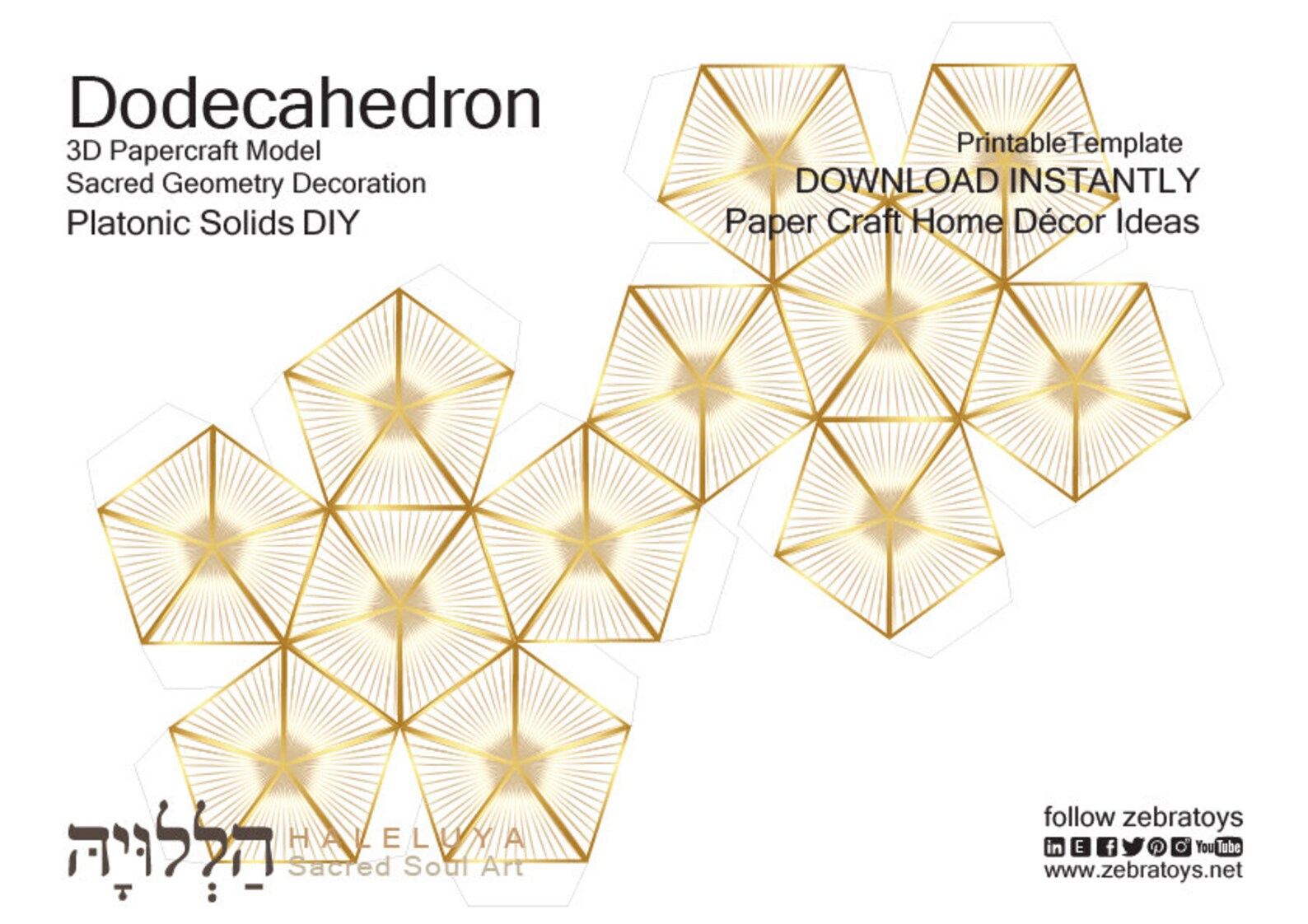 Dodecahedron 3D Papercraft Model-printable Gold Template-home Décor ...