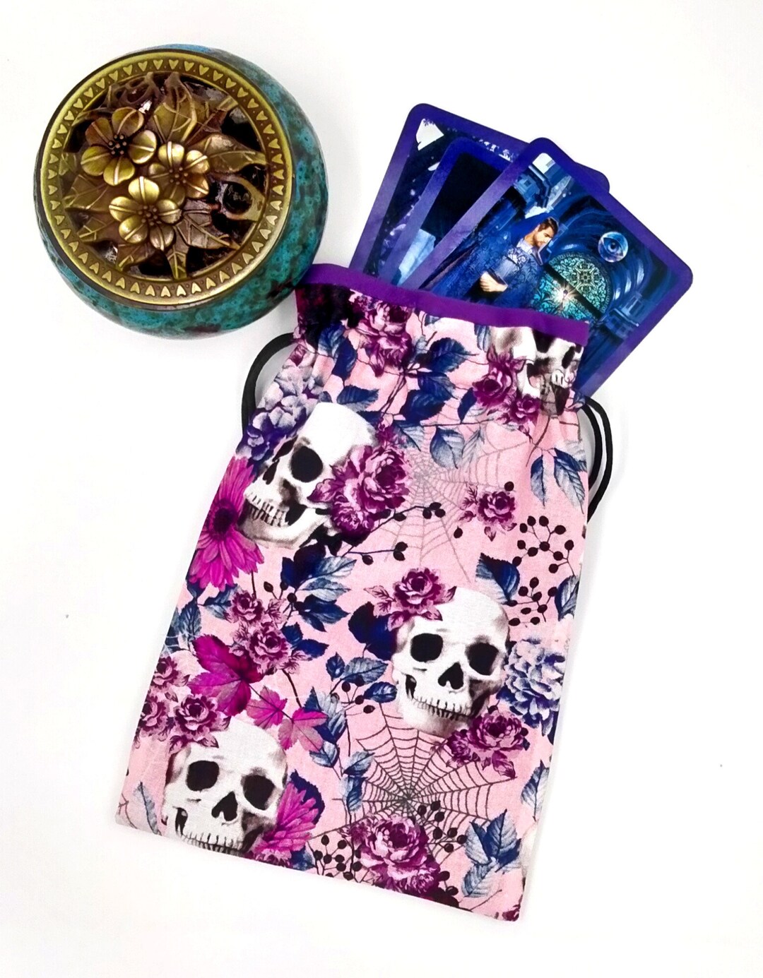 Tarot Bag, Skulls and Pink Flowers Tarot Bag, Tarot Pouch, Tarot ...