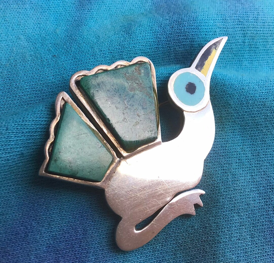 Vintage Peru Sterling, Enamel and Chrysocolla Peruvian Silver Bird Pin ...