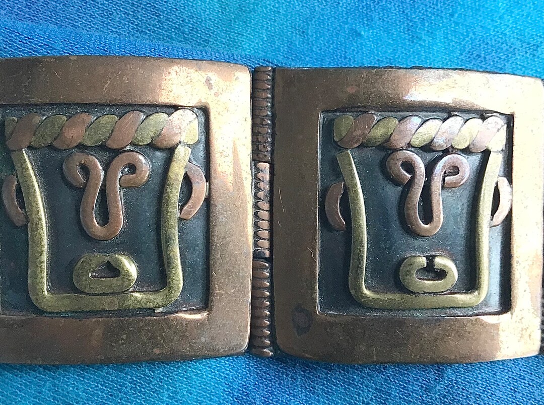 Vintage Copper Aztec Faces Masks Mexico Mixed Metal Bracelet Brass - Etsy
