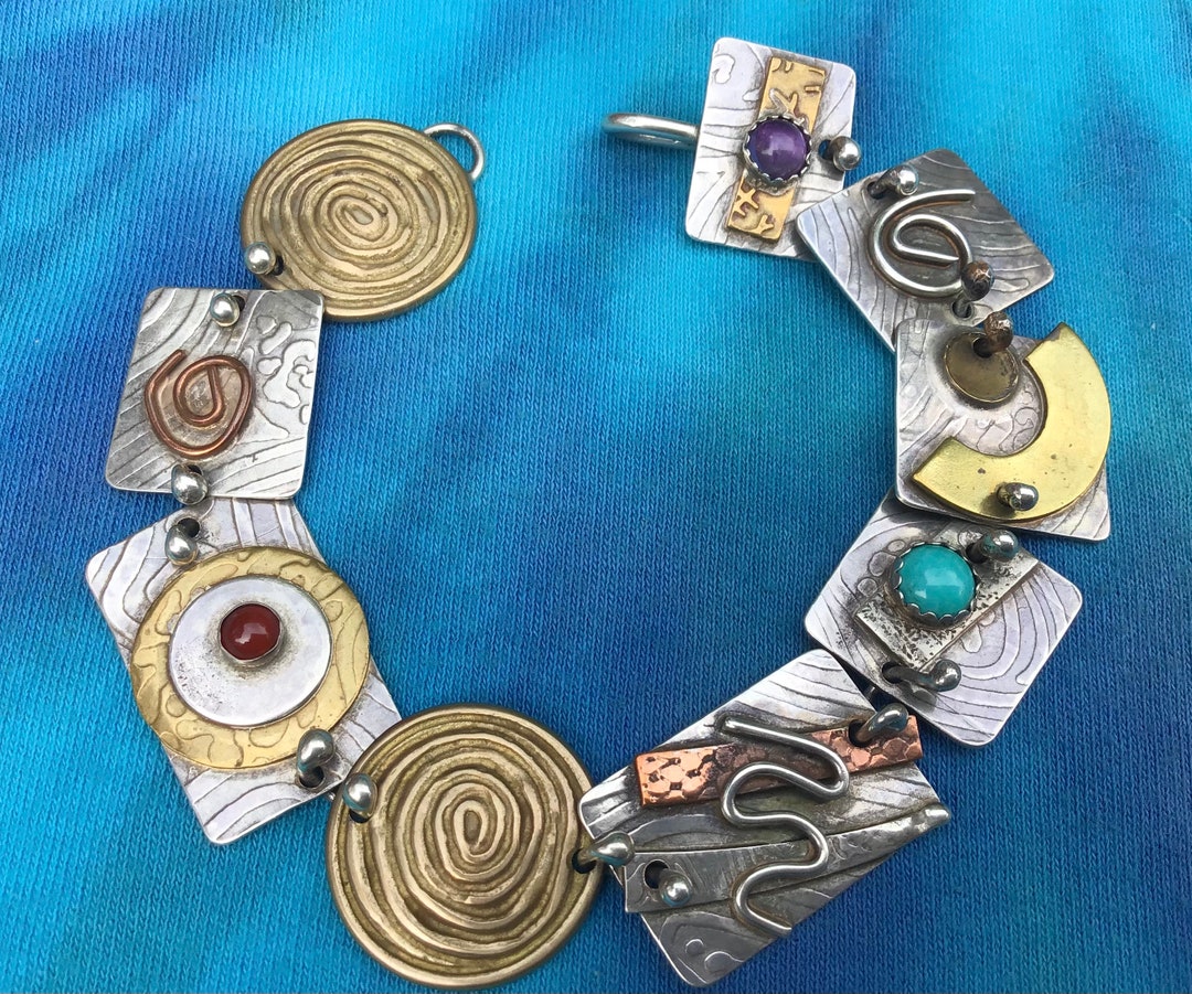 Vintage Olga Ganoudis Sterling, Copper & Brass Artisan Gemstone ...