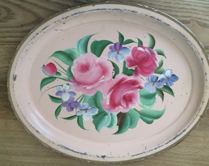 Vintage Pink Toleware Hand Painted Metal Tray, Oval Metal Tray With ...