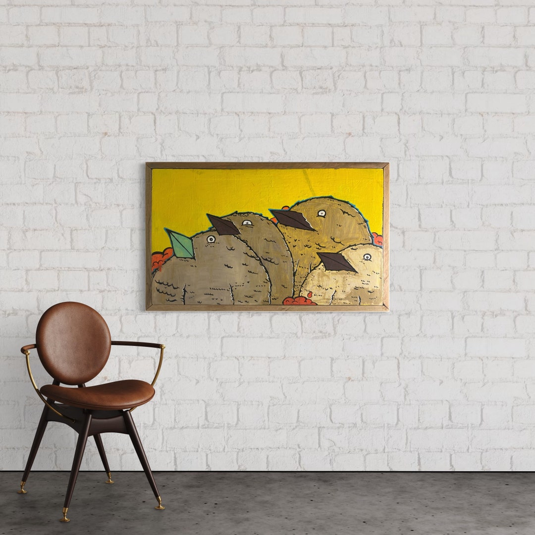 Bird Painting 19x32 Wood Cube White Oak Wood Framed Signed Dated ...