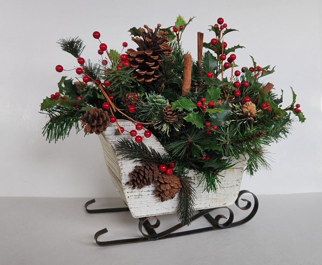 Vintage Large Wood and Metal Sleigh Full of Foliage Holly, Berries ...