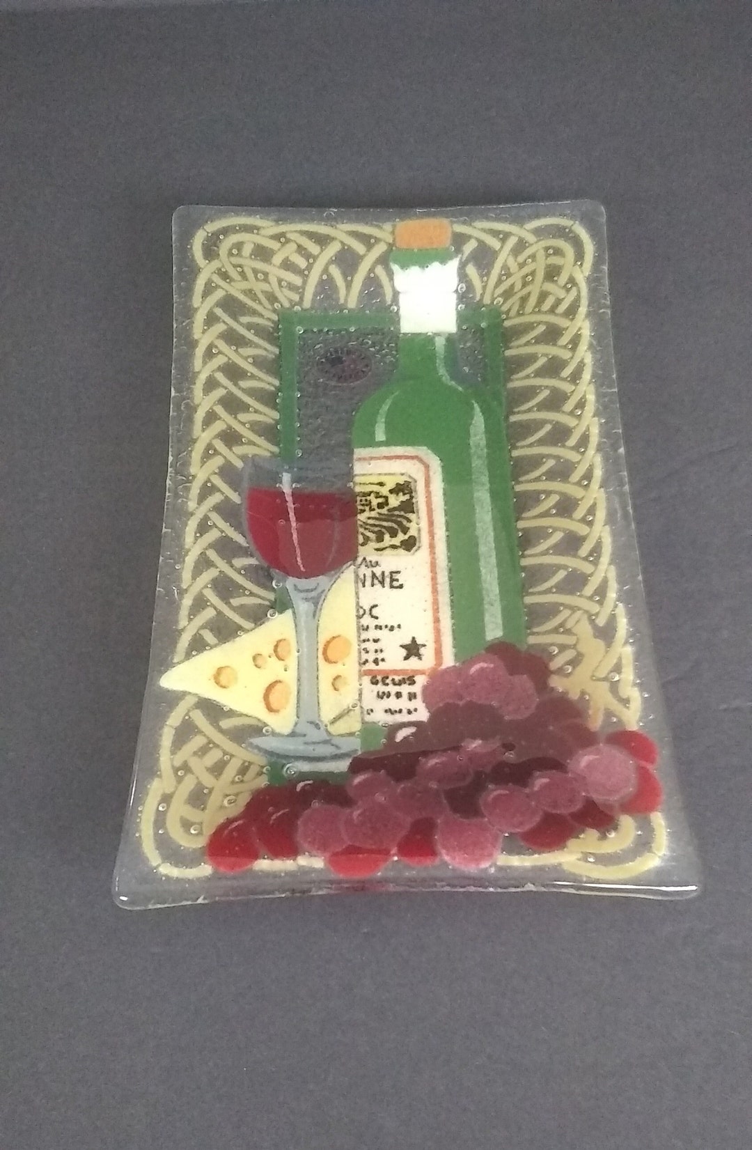 Vintage Peggy Kerr Fused Art Glass Cheese Tray With Wine Bottle, Wine ...