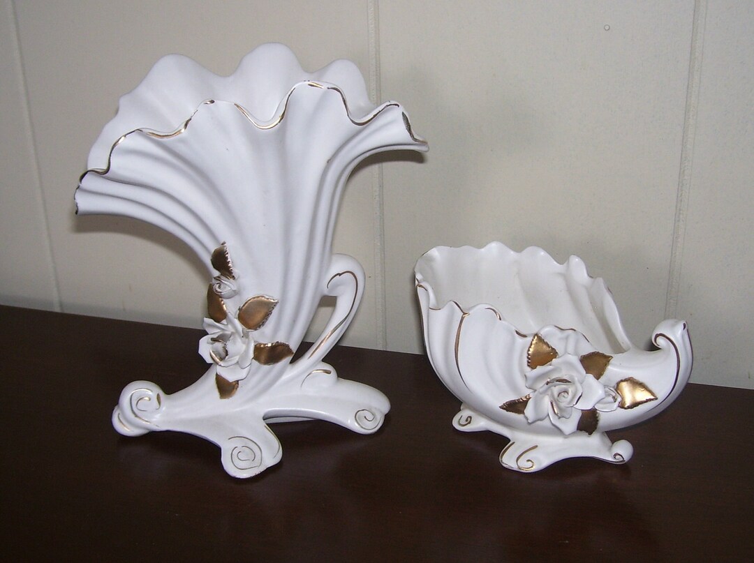 Vintage Vase Set Napco Vase Alaskan Rose Vase Japan White With - Etsy