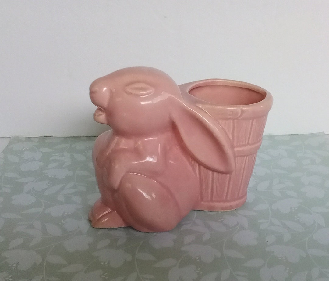 Vintage Pink Bunny Rabbit Planter Basket Baby Pink Bunny Easter Bunny ...