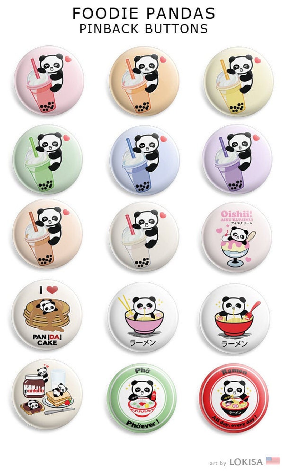 Kawaii Panda Foodie , Sweets & Drinksl 3-pack of 1.5 Inch Metal Pinback ...