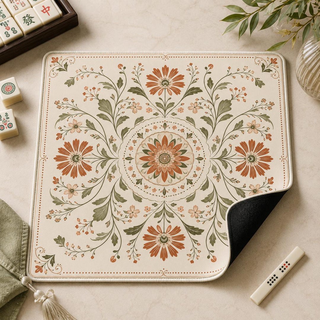 Vintage Floral Mahjong Mat, Terracotta Botanical Mahjong Table Mat ...