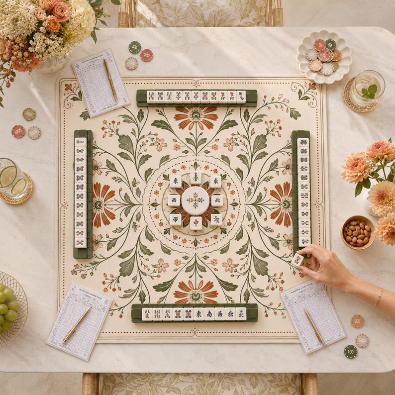 Vintage Floral Mahjong Mat, Terracotta Botanical Mahjong Table Mat ...