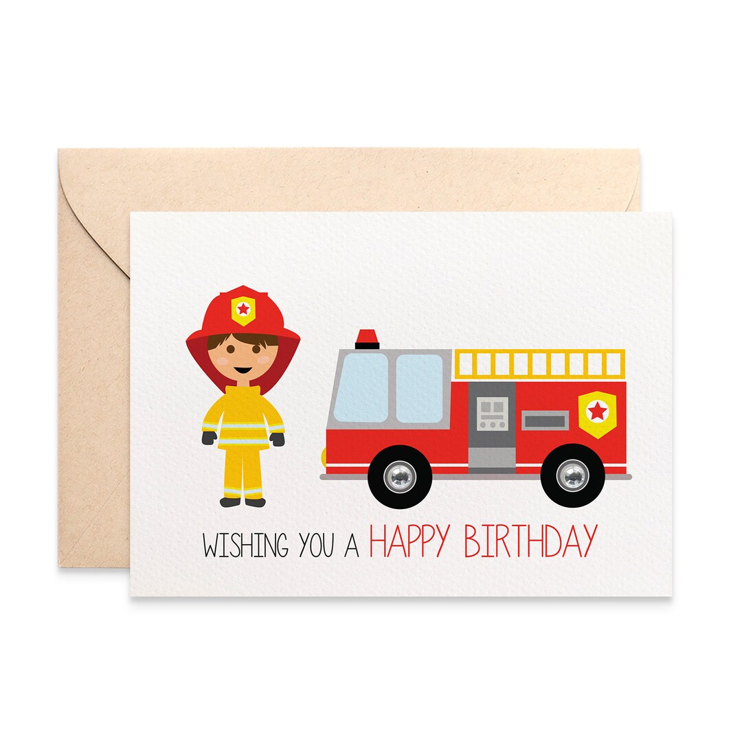 Birthday Card Boy, Firefighter Card With Red Fire Engine, Cards for ...