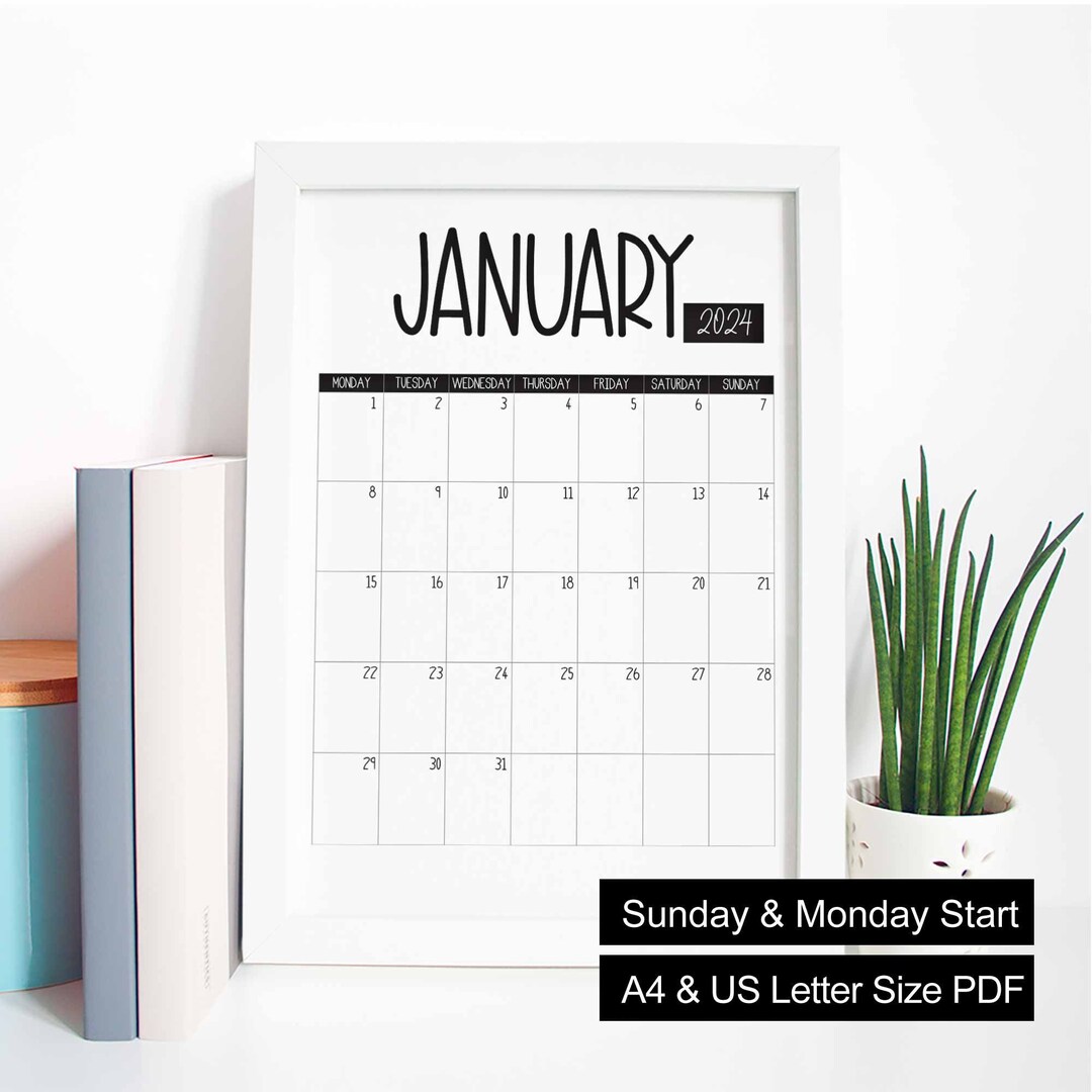 Printable Monthly Calendar 2024, Instant PDF Download A4 Printable ...