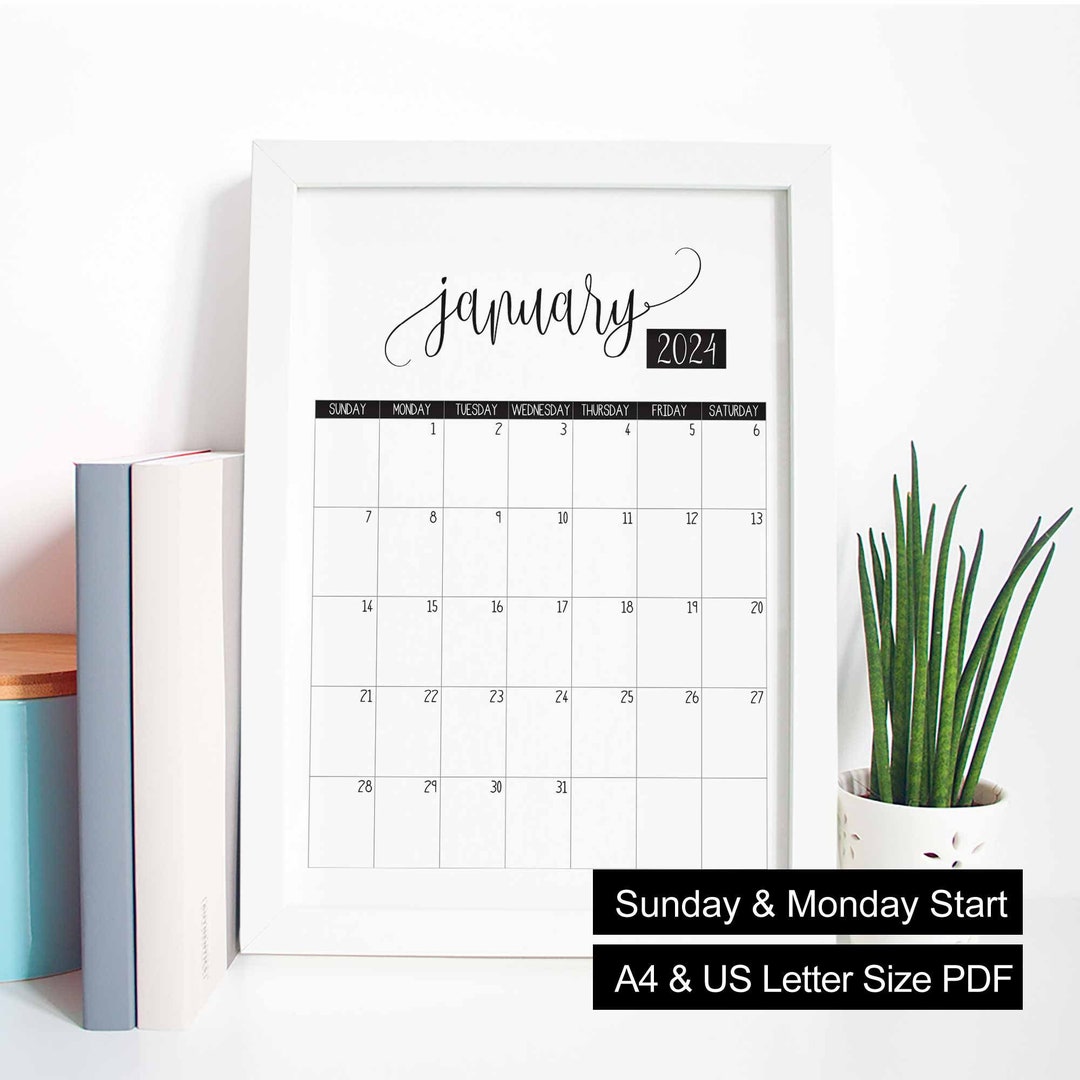 Script Printable Monthly Calendar 2024, Instant PDF Download A4 ...
