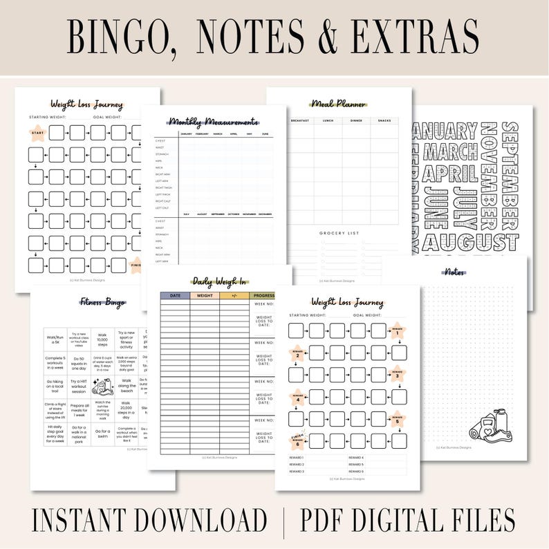 Fitness Tracker Printable Bundle, Fitness Planner PDF, Book Journal 35 ...