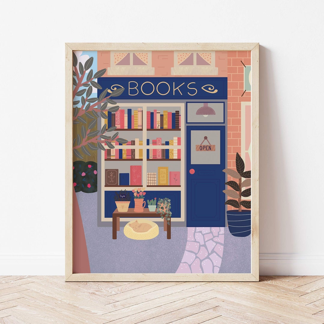 Blue Book Store Art Print, Bookish Art Print, Illustrated Art Prints ...