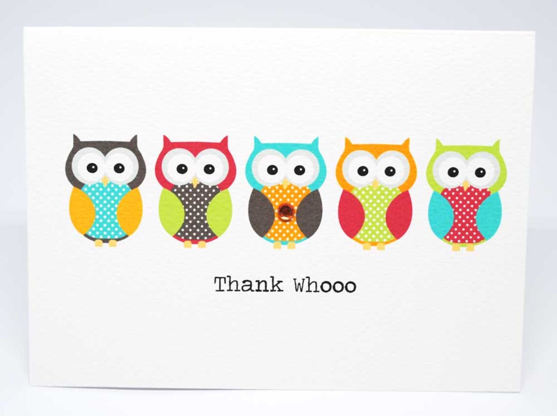 Owl Thank You Card Bright Owls Greeting Card Thank You Owl - Etsy