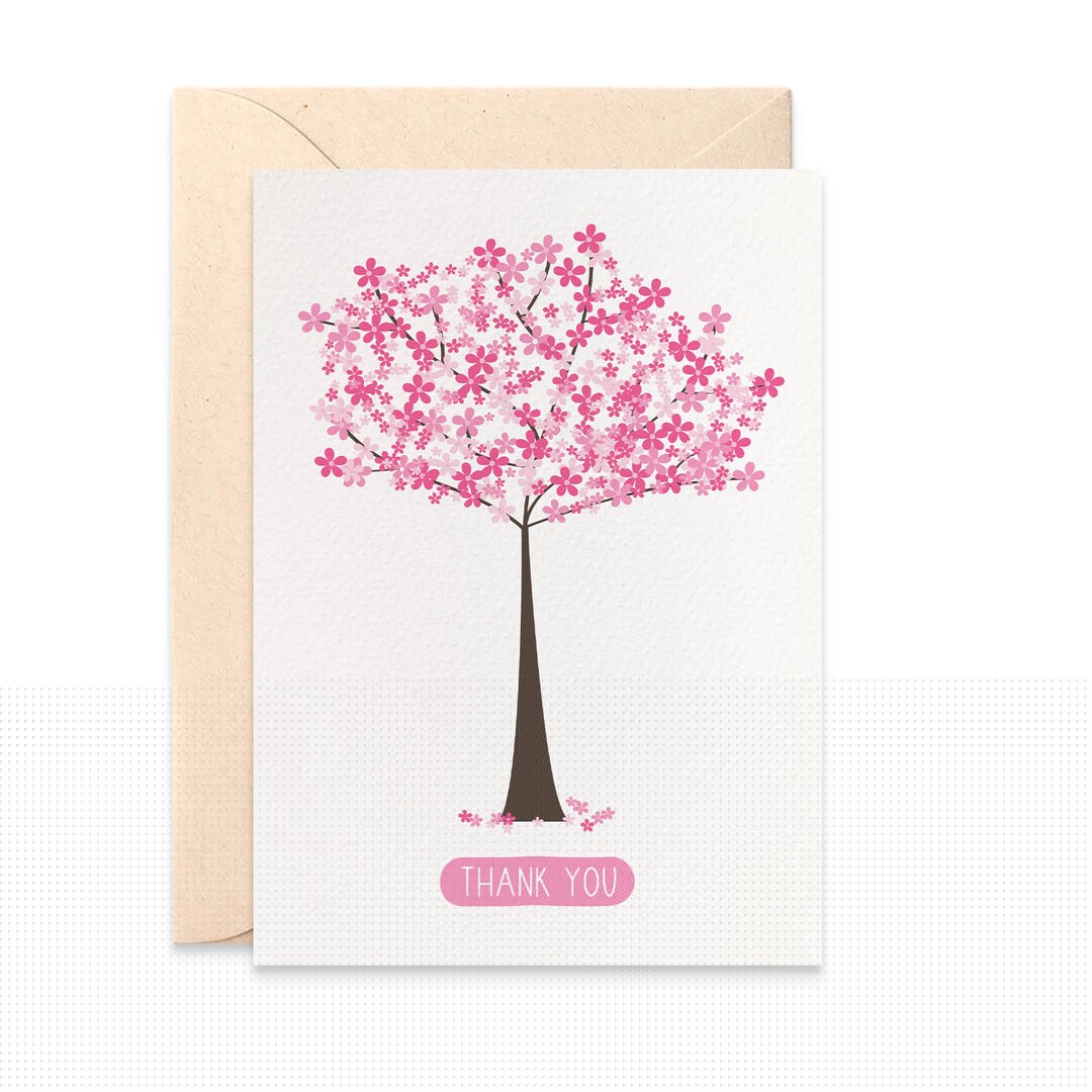 Thank You Card, Pink Cherry Blossom Tree, Pink Handmade Card Thank You ...