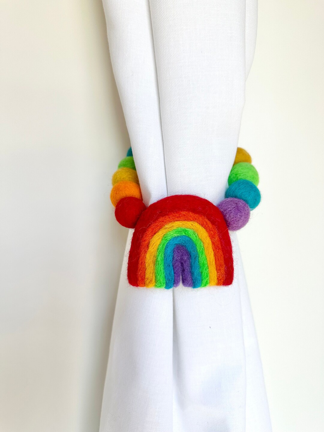 Customizable Rainbow Curtain Tie Backs - Felt Ball Curtain Ties ...