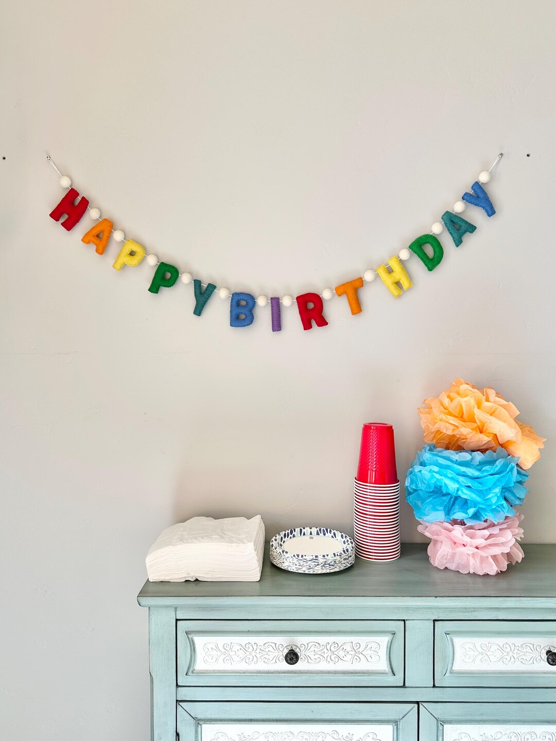 Rainbow HAPPY BIRTHDAY Felt Banner W/ Optional Felt Balls ...
