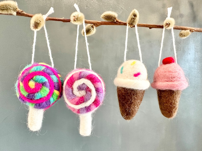 Felt Ice Cream Cone or Lollipop Ornament - Felted Wool Frozen Treats ...