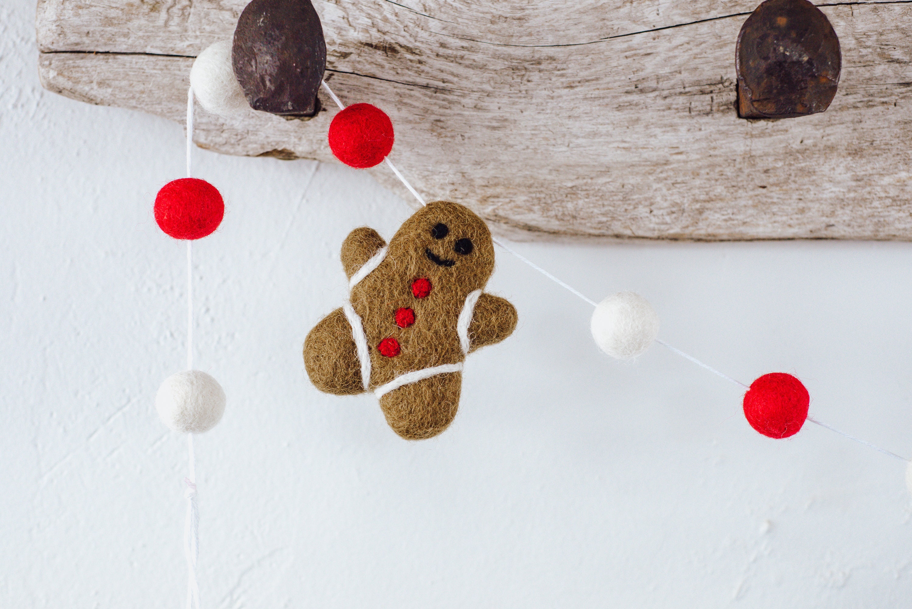 Customizable Gingerbread Man Felt Ball Garland - Wool Felted Christmas ...