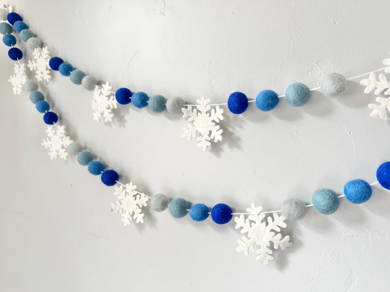 Customizable Snowflake Felt Ball Garland - Wool Felted Snow Flake ...