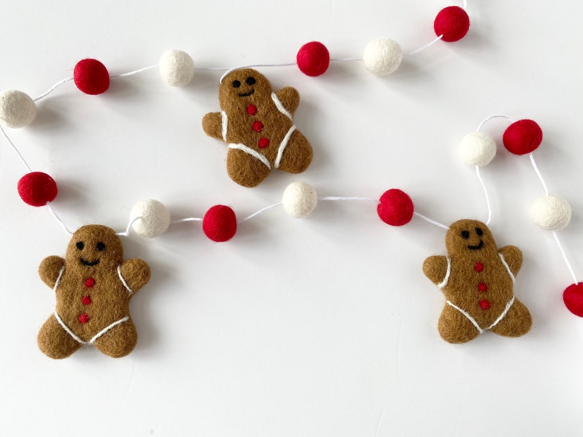 Customizable Gingerbread Man Felt Ball Garland - Wool Felted Christmas ...