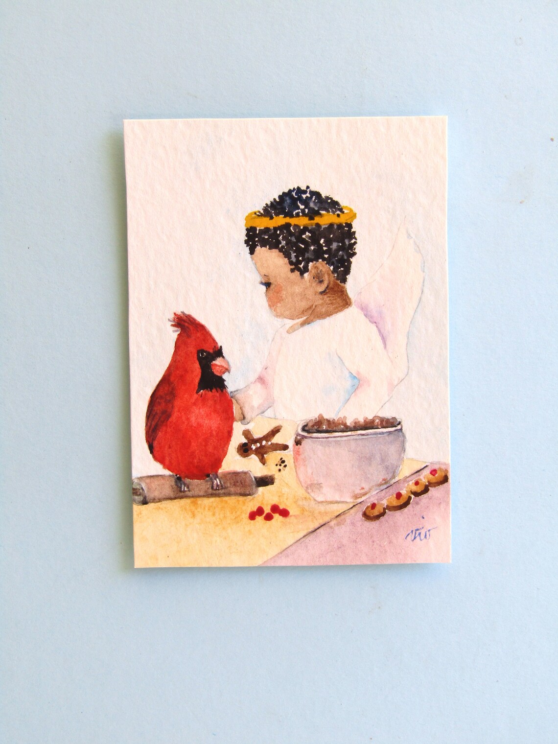 Little Boy Angel With Red Cardinal Bird Original Miniature - Etsy