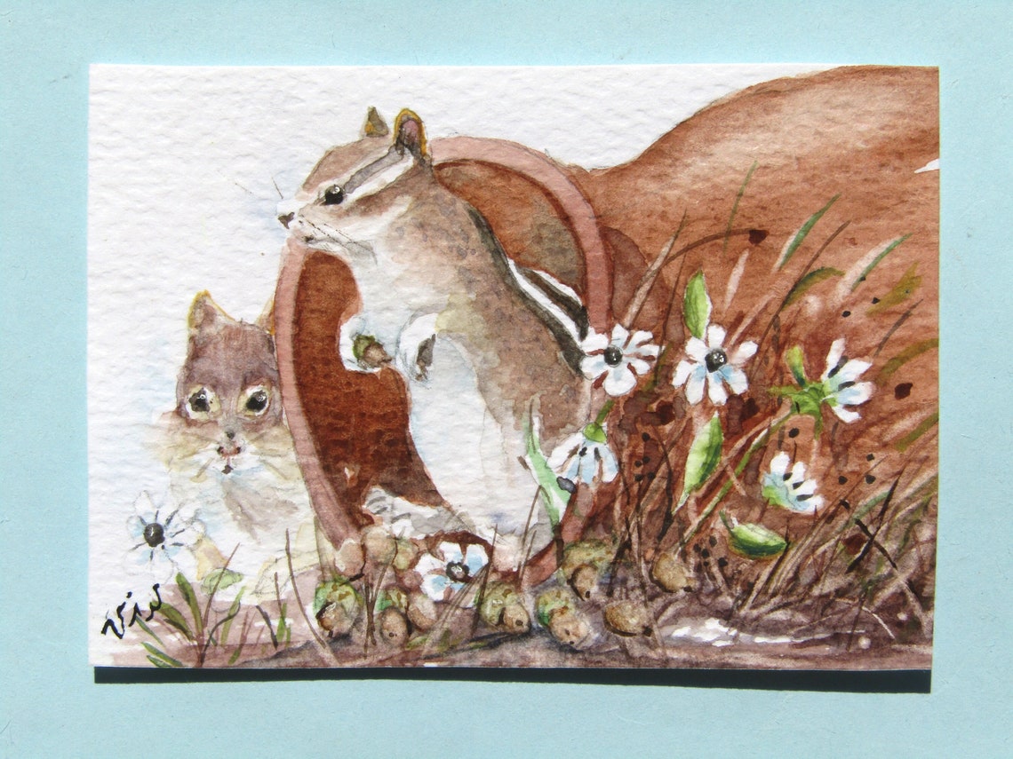 Chipmunk ACEO, Mini Whimsical Painting of 2 Chipmunks and a Garden ...