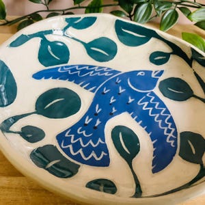 Handmade Stoneware Sgraffito Blue Bird Snack Pie Dessert Decorative ...