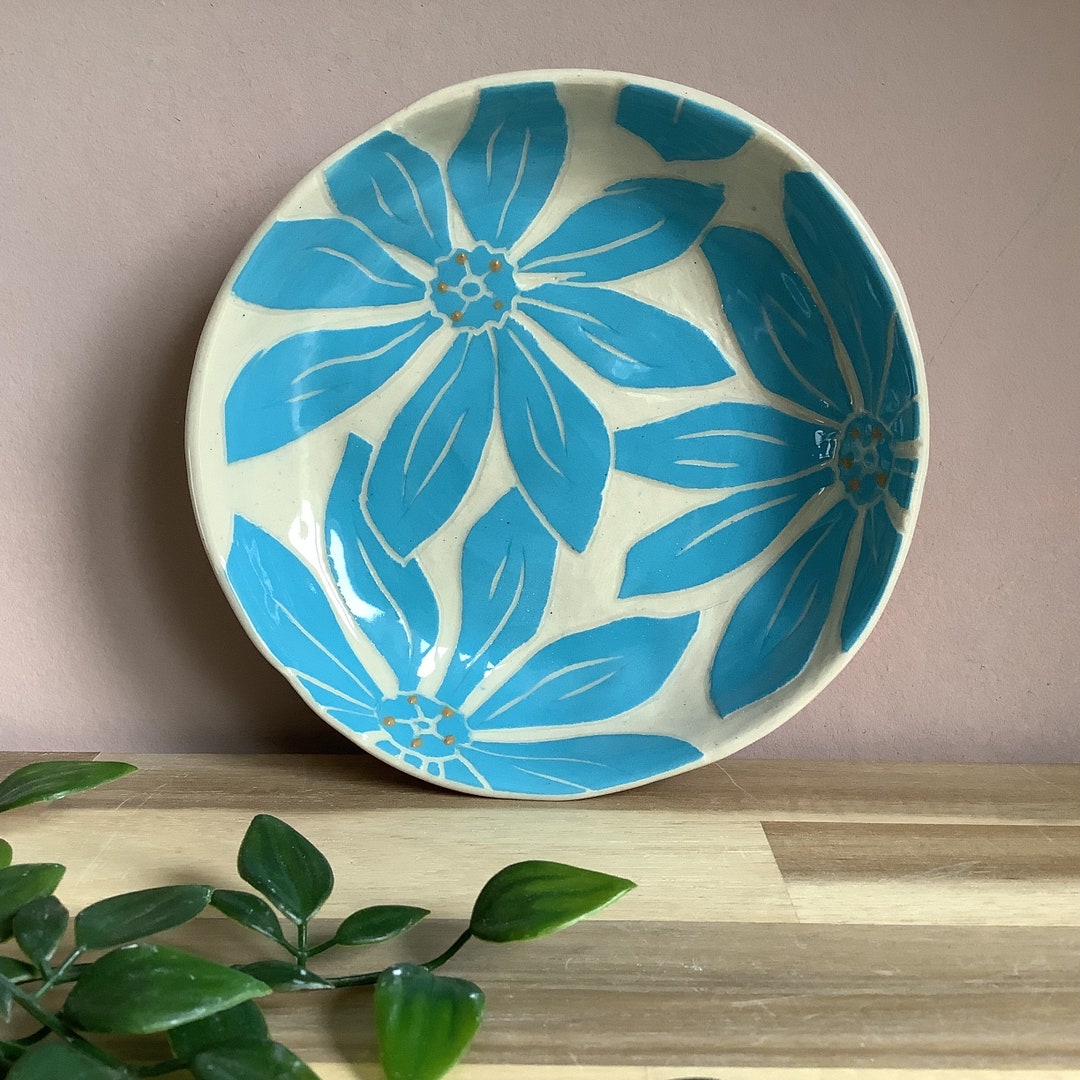 Handmade Stoneware Sgraffito Blue Flower Snack Pie Dessert - Etsy