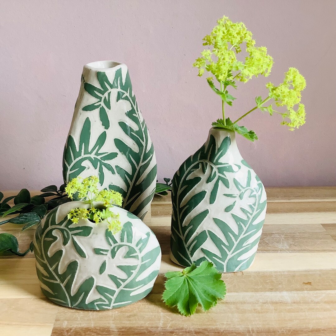 Handmade Stoneware Sgraffito Bud Vases With Fern Leaf Design Small ...