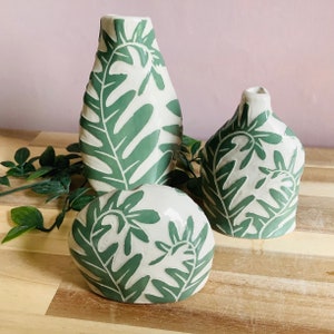 Handmade Stoneware Sgraffito Bud Vases With Fern Leaf Design Small ...
