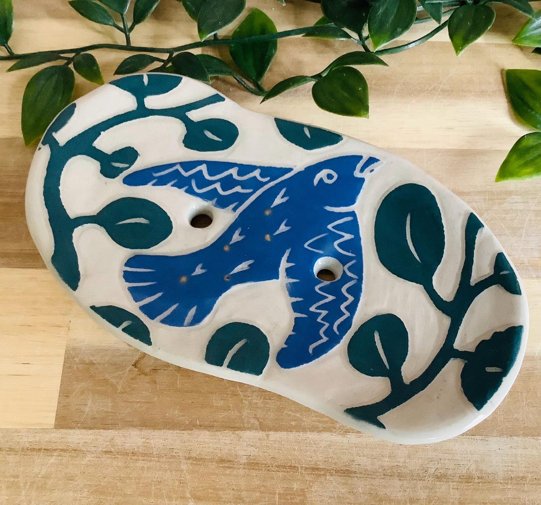 Handmade Stoneware Sgraffito Blue Bird Soap Dish - Etsy