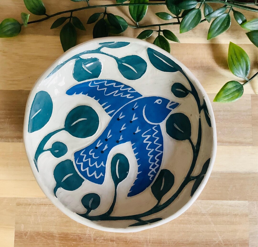 Handmade Stoneware Sgraffito Blue Bird Snack Pie Dessert Decorative ...