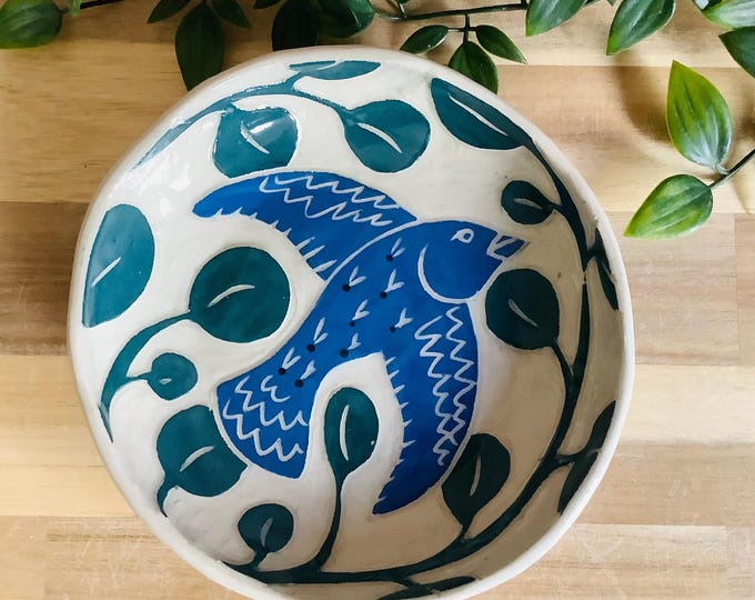 Handmade Stoneware Sgraffito Blue Bird Snack Pie Dessert Decorative ...