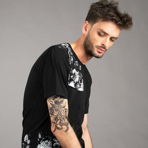 Mens Cyber Punk Patchwork Style Organic Cotton T Shirt in Black With ...